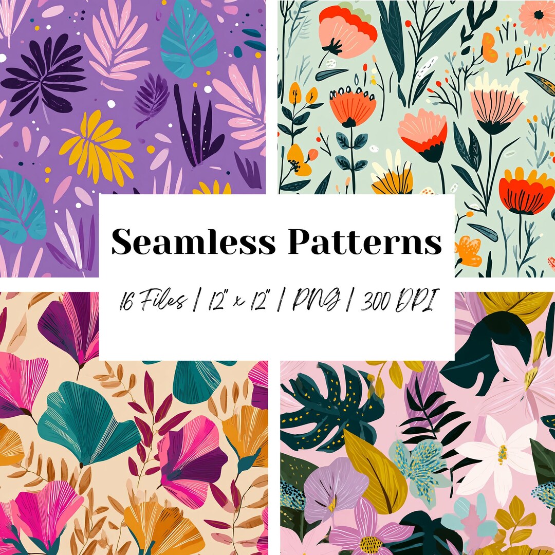 Retro Floral Seamless Patterns: Commercial Use Digital Paper (300 DPI ...