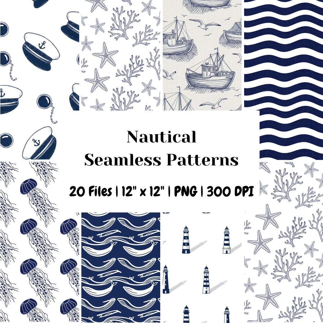 20 Nautical Seamless Patterns | Navy Blue Ocean Digital Papers ...