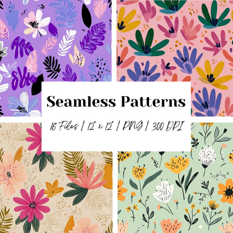 Retro Floral Seamless Patterns: Commercial Use Digital Paper (300 DPI ...