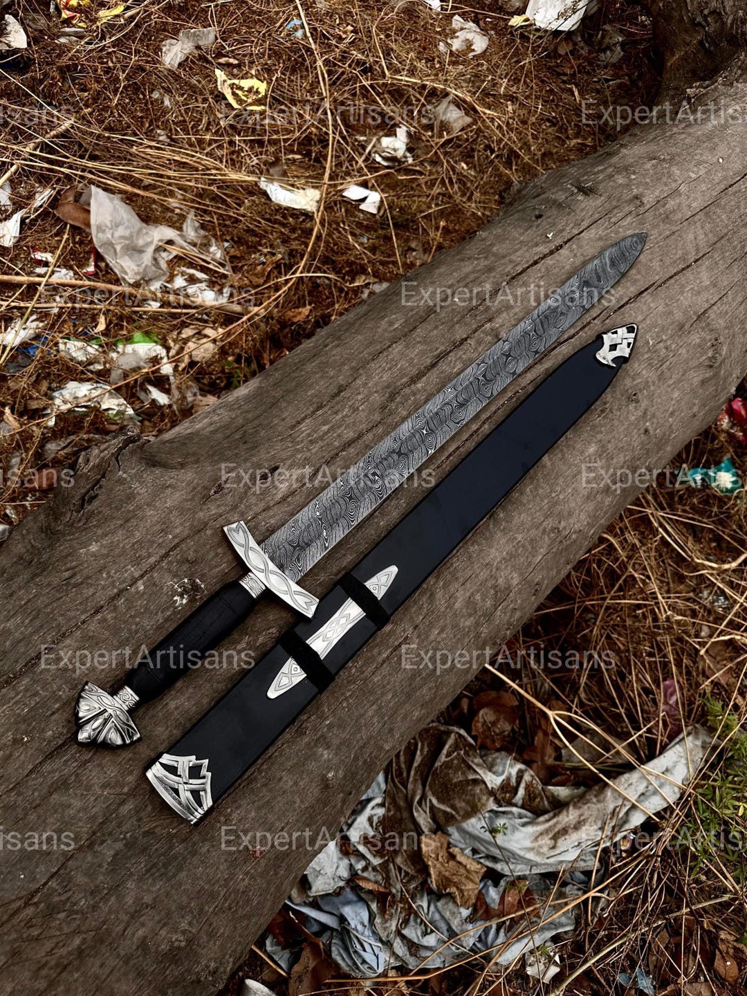 Hand Forged Damascus Steel Viking Sword, Ash Wood Handle - Etsy