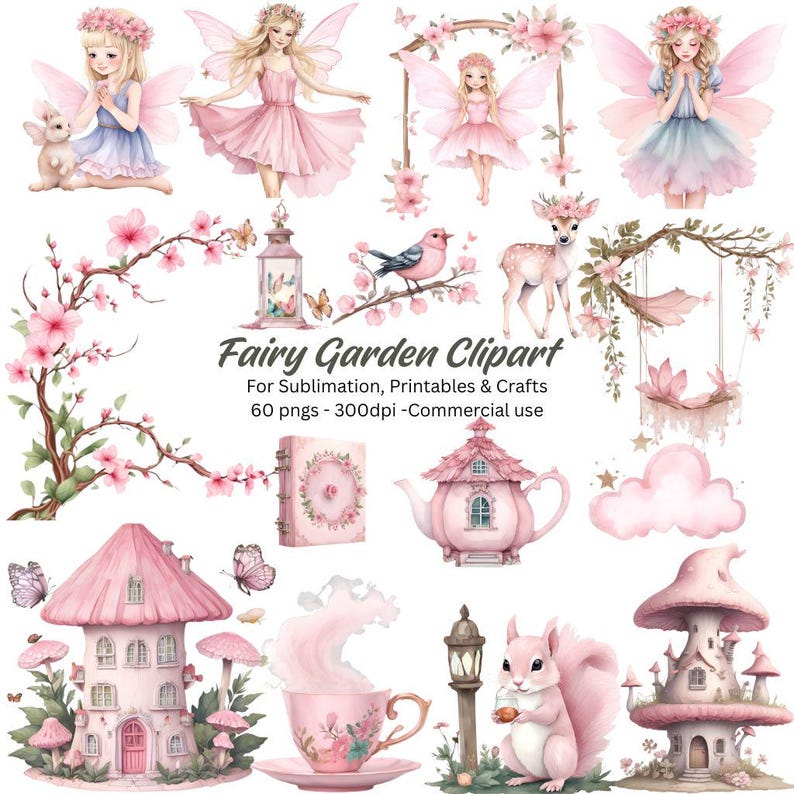 Watercolor Pink Fairy Clipart Bundle – 60 Pngs for Sublimation ...