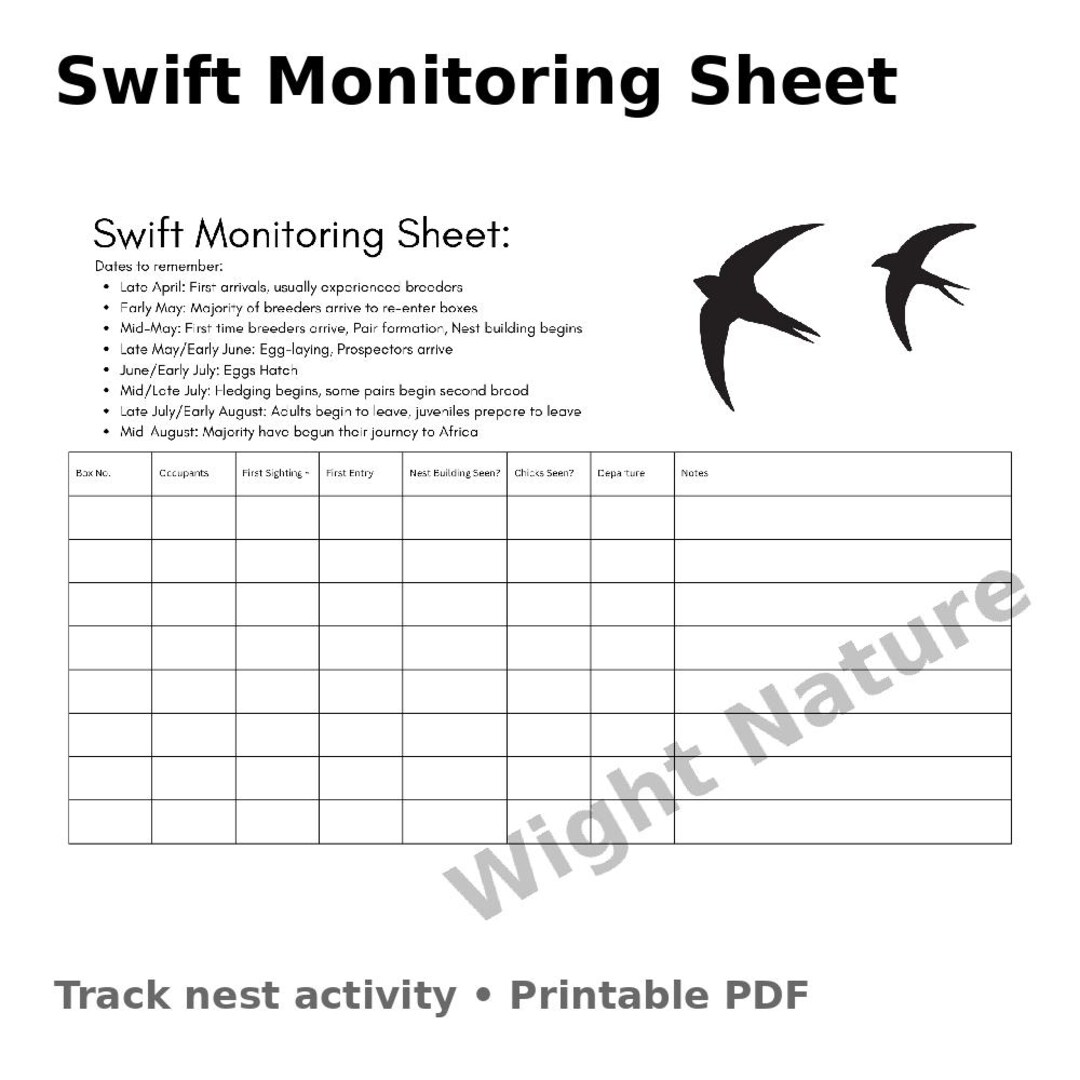 Swift Monitoring Sheet | Printable Nest Tracking Log for Bird Boxes ...