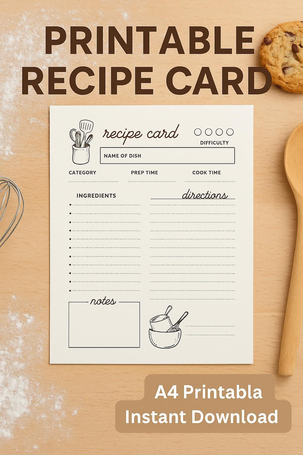 Printable Baking Recipe Card | Minimalist Kawaii Kitchen Template ...