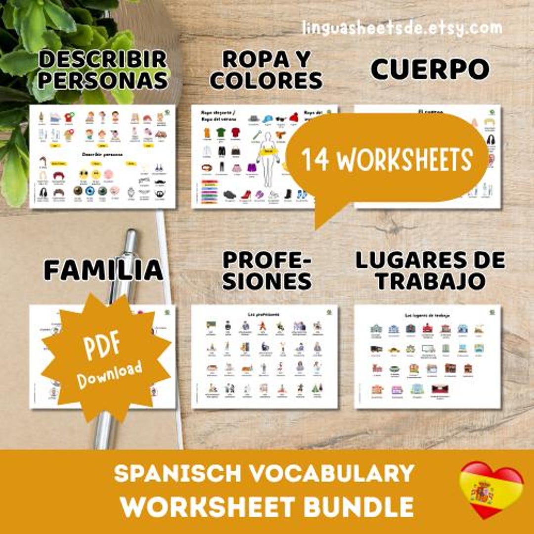 SPANISH Vocabulary Worksheet Bundle - Describir Personas, Ropa, Familia ...