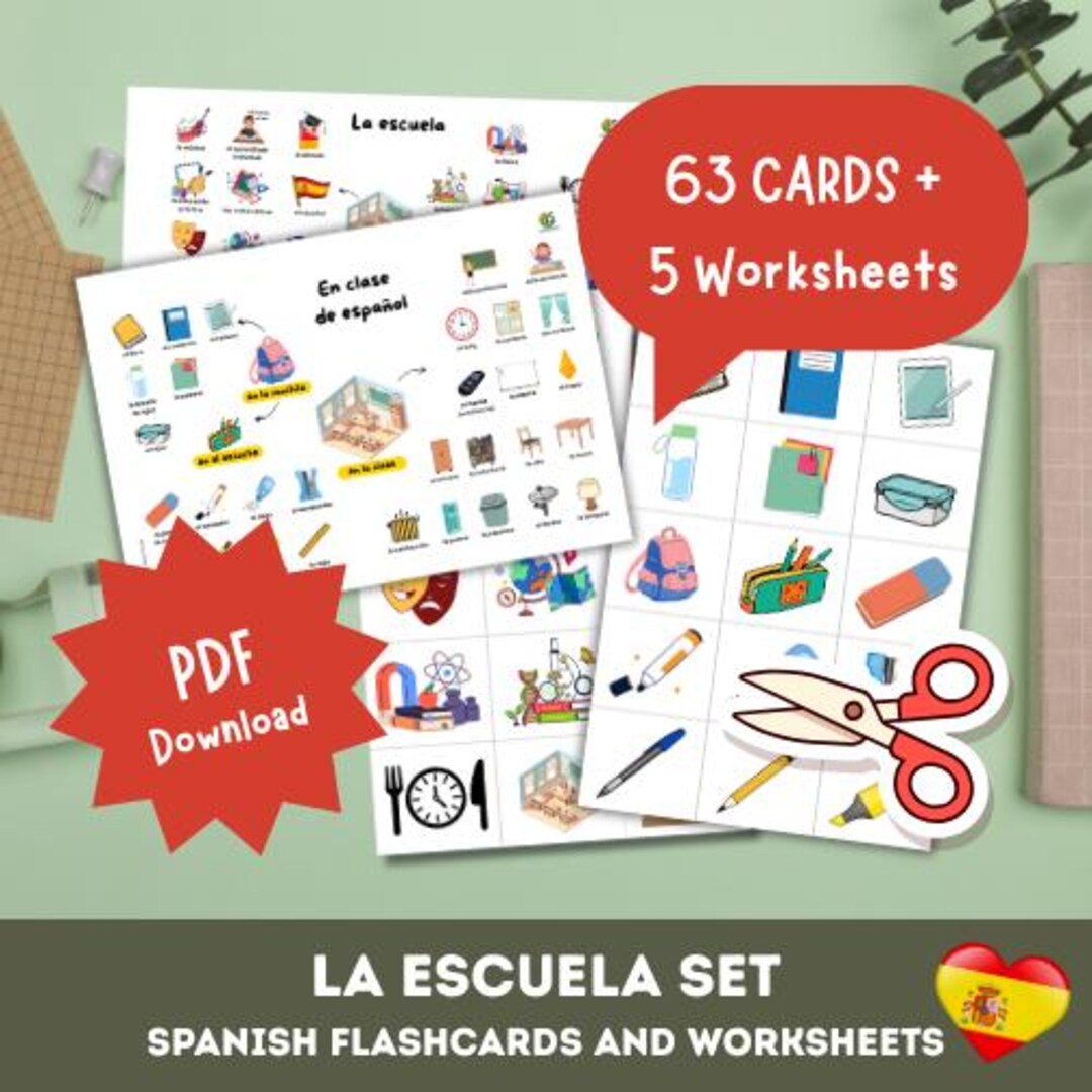 SPANISH La Escuela SET - 63 Flashcards and 4 Worksheets - Etsy