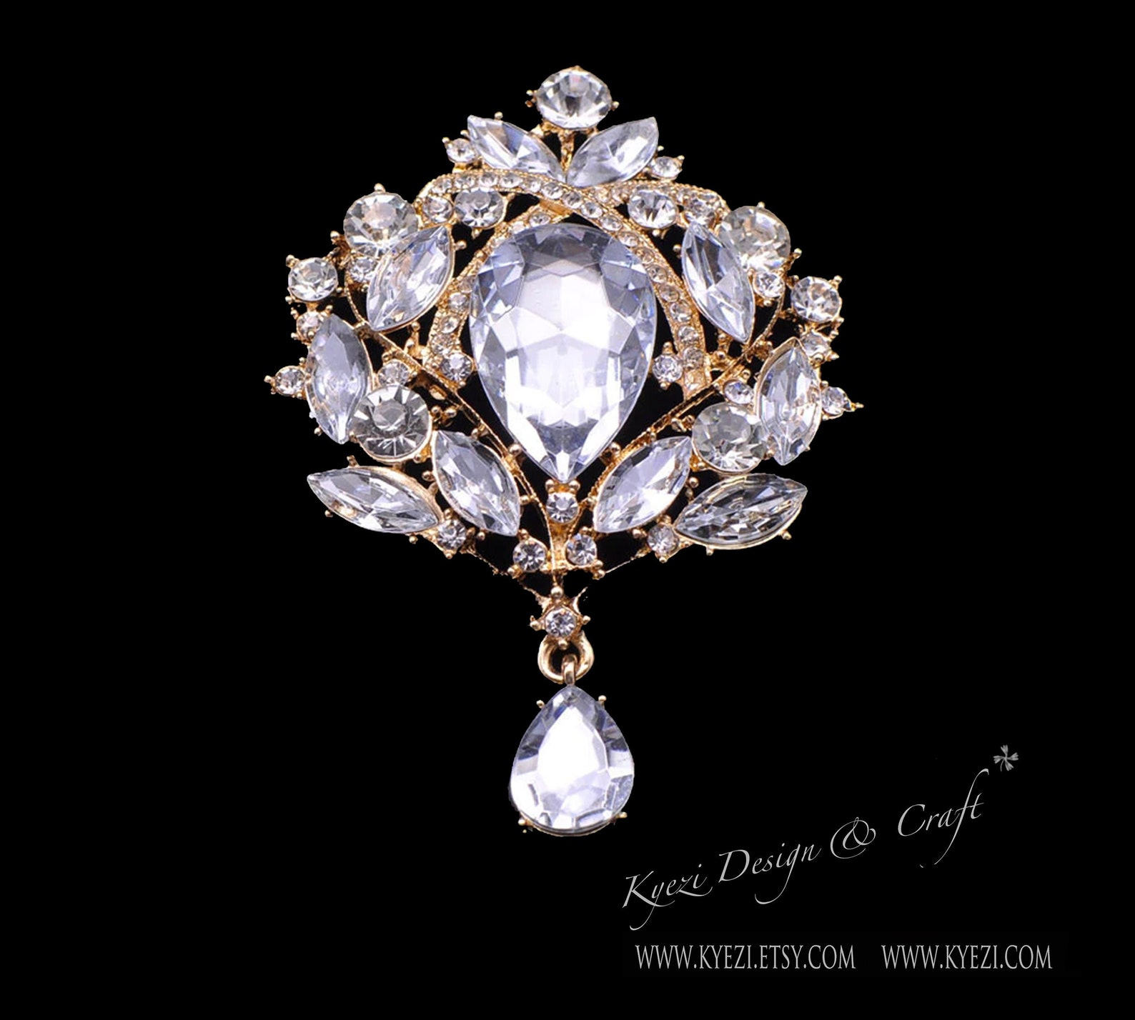 Extra Large Gold Crystal High Quality Rhinestone Drop Brooch Silver Pin ...