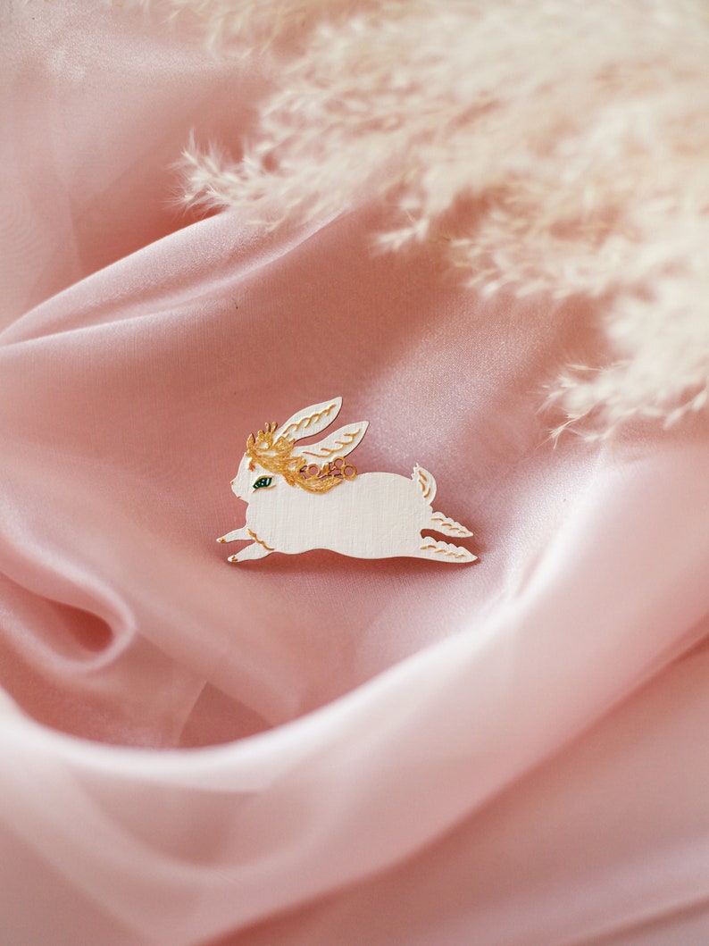 Rabbit Brooch Gardenia Handmade Handpainted Wood Jewelry - Etsy