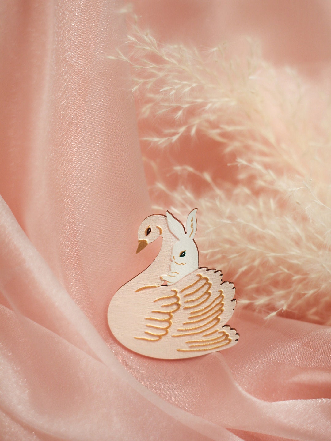 Swan Rabbit Brooch Swoon Handmade Handpainted Wood Brooch Easter Bunny ...