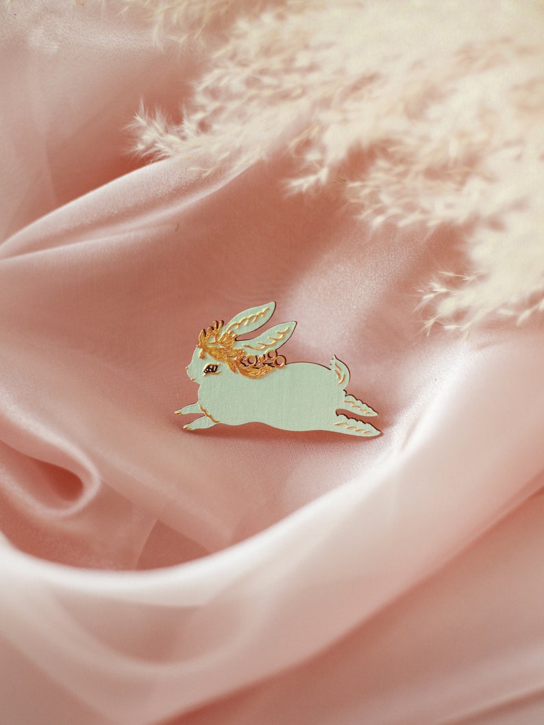 Rabbit Brooch Gardenia Handmade Handpainted Wood Jewelry - Etsy