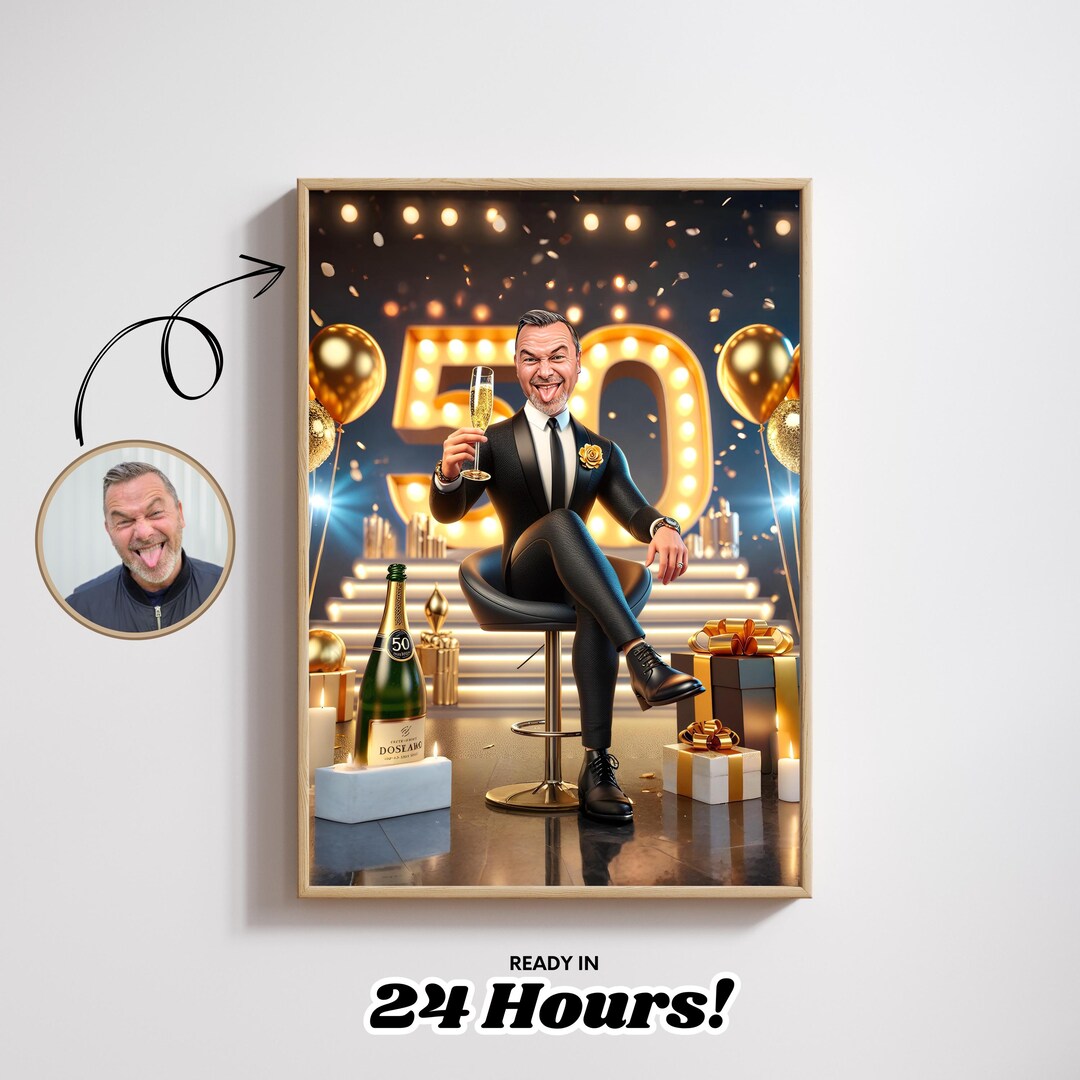 Personalized 50th Cartoon Portrait, 50th Birthday Caricature, Birthday ...