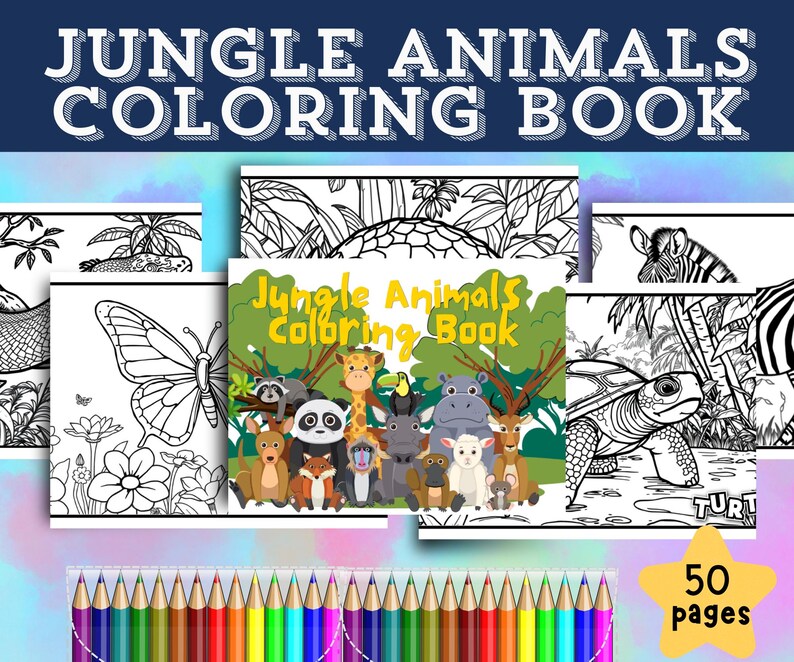 Jungle Animals Coloring Book for Kids | 50 Printable Pages | Easy Cute ...