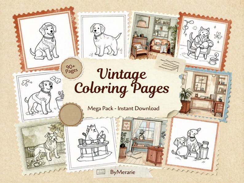 Adult Coloring Pages Bundle | 90+ Vintage Dog & Scene Designs (PDF ...