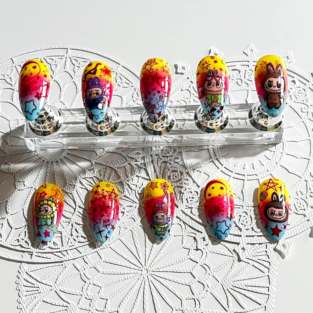Hand-painted Rainbow Labubu Almond Handmade Nails, Custom Hand-painted ...