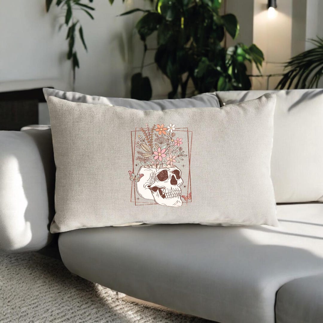 Skull With Flowers Pillow Cover – Gothic Boho Burlap Style Cushion ...