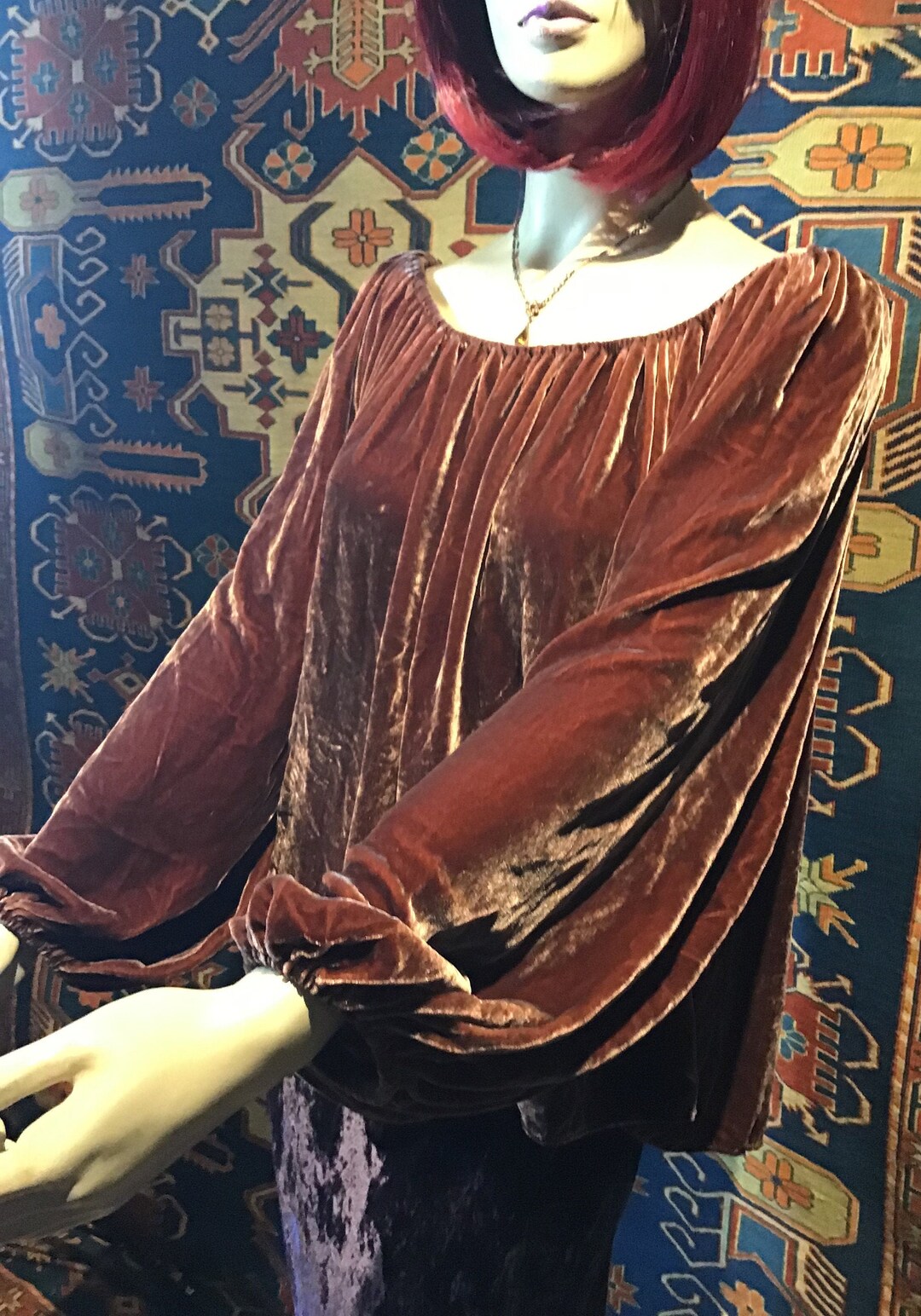 To 60" Bust SILK VELVET POET Blouse Gadja Design Puffed Sleeves off or ...