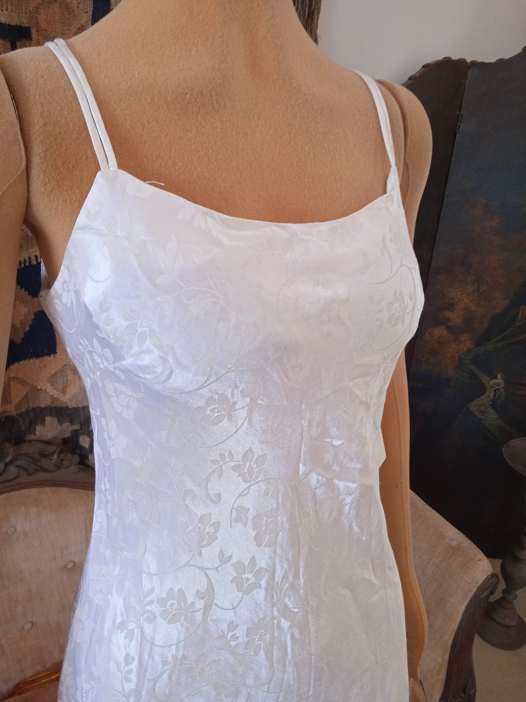 90's NWT Satin SNOW White DAMASK Criss Cross Back Mermaid Dress Gown ...