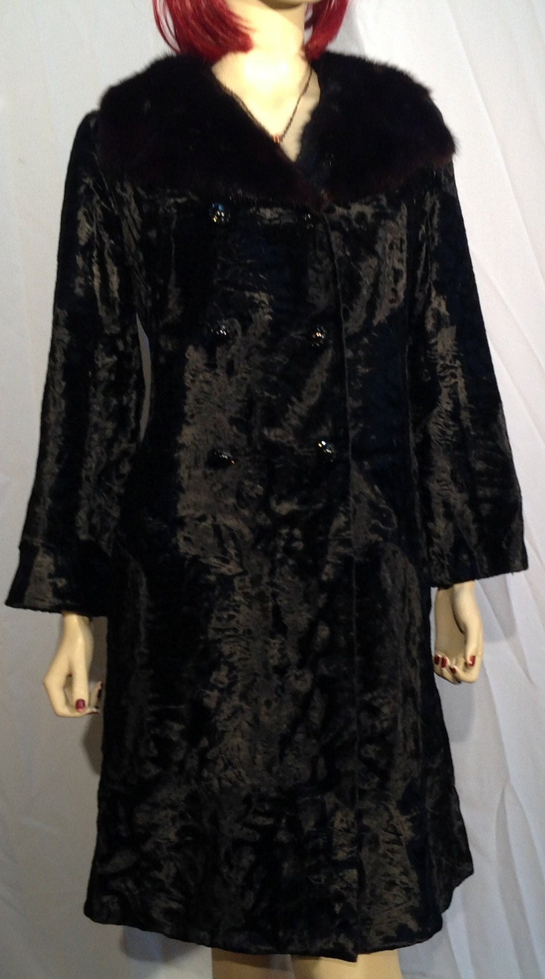 1960's ENGLAND Genuine MINK Collar Velvet Embossed Heavy Winter Coat ...