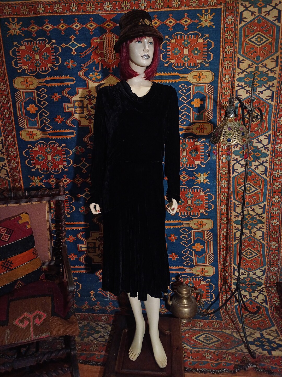 Original FLAPPER Silk VELVET Bias Cut Dress Black Art Deco Nouveau Cowl ...
