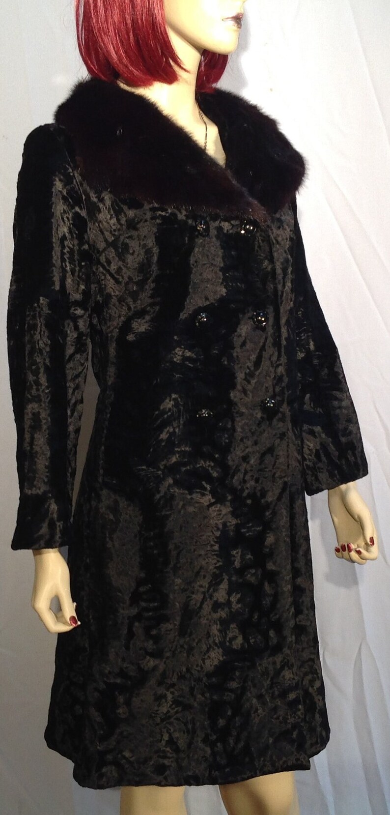 1960's ENGLAND Genuine MINK Collar Velvet Embossed Heavy Winter Coat ...