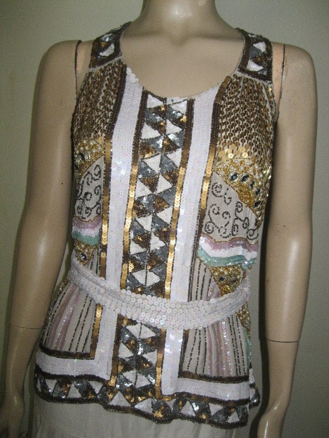 40" Bust New Andersen & Lauth Hand BEADED Designer Top JEWELED Gold ...