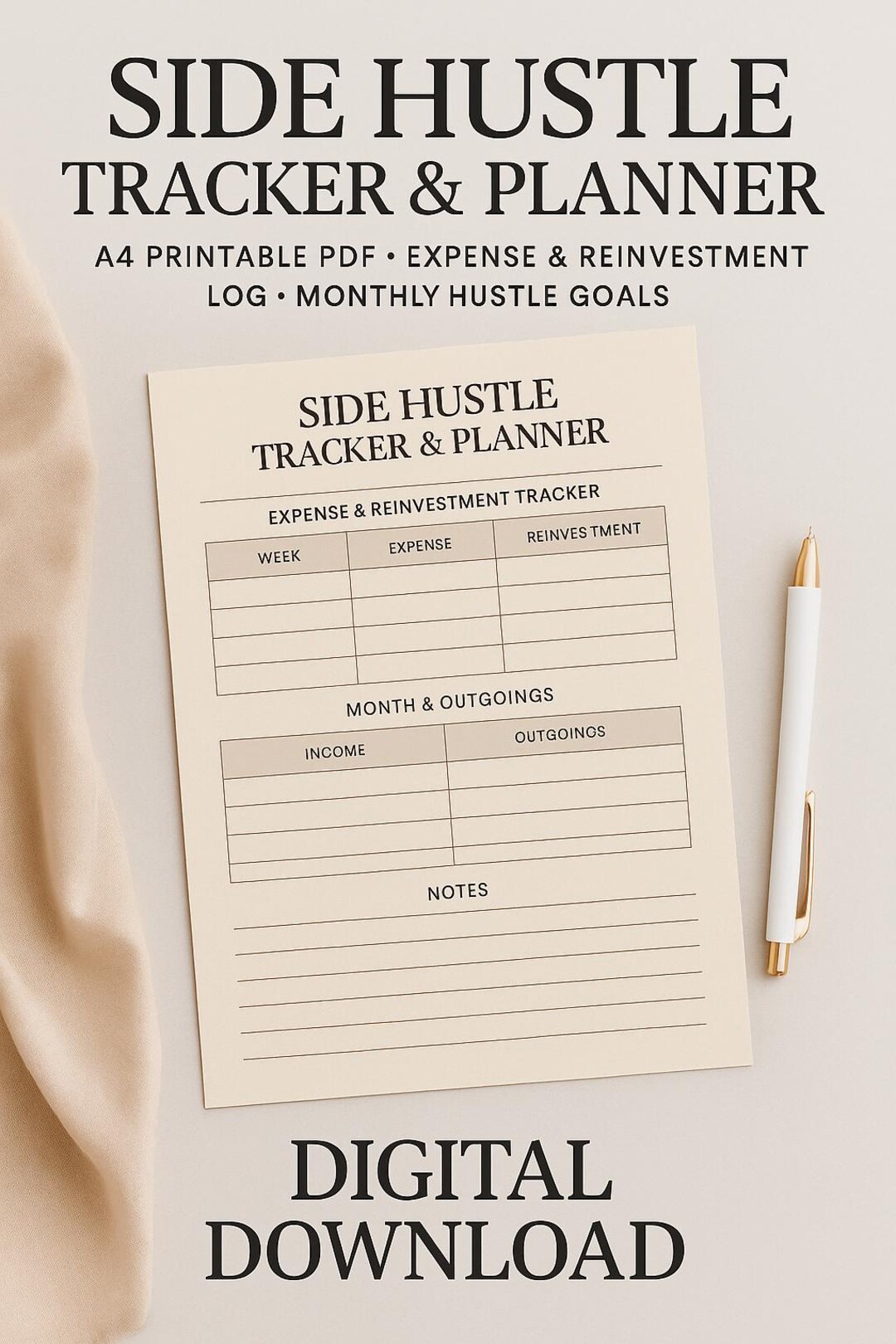 Side Hustle Tracker & Planner A4 Printable PDF Expense and Reinvestment Log Monthly Hustle Goals ...