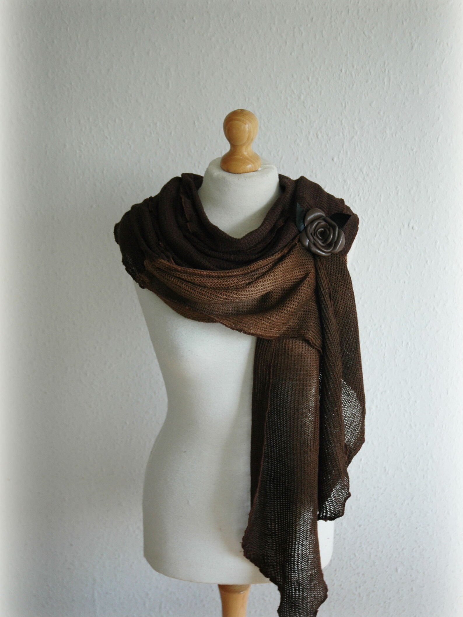 Handmade Brown Linen Scarf With Leather Brooch: Bohemian Wrap - Etsy