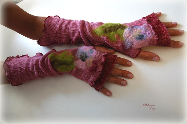 Arsty Gift for Her,powder Pink Linen Fingerless Gloves Mittens ,pink ...