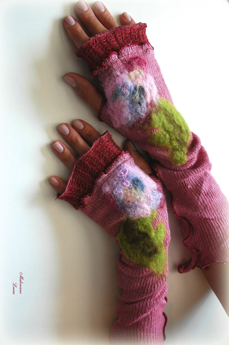 Arsty Gift for Her,powder Pink Linen Fingerless Gloves Mittens ,pink ...