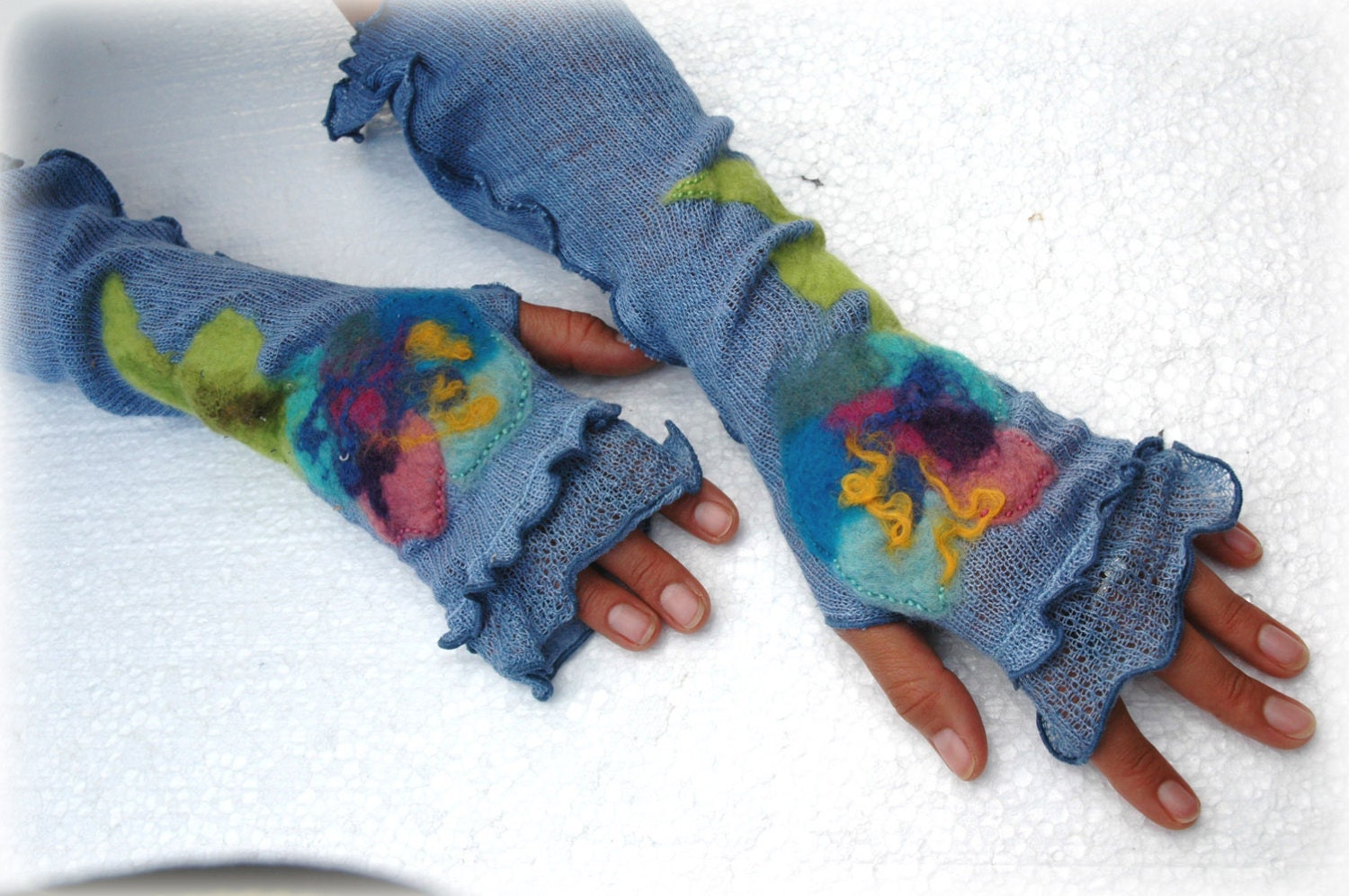Romantic Fingerless Gloves Mittens LINEN Arm Warmers Gifts Blue Linen ...