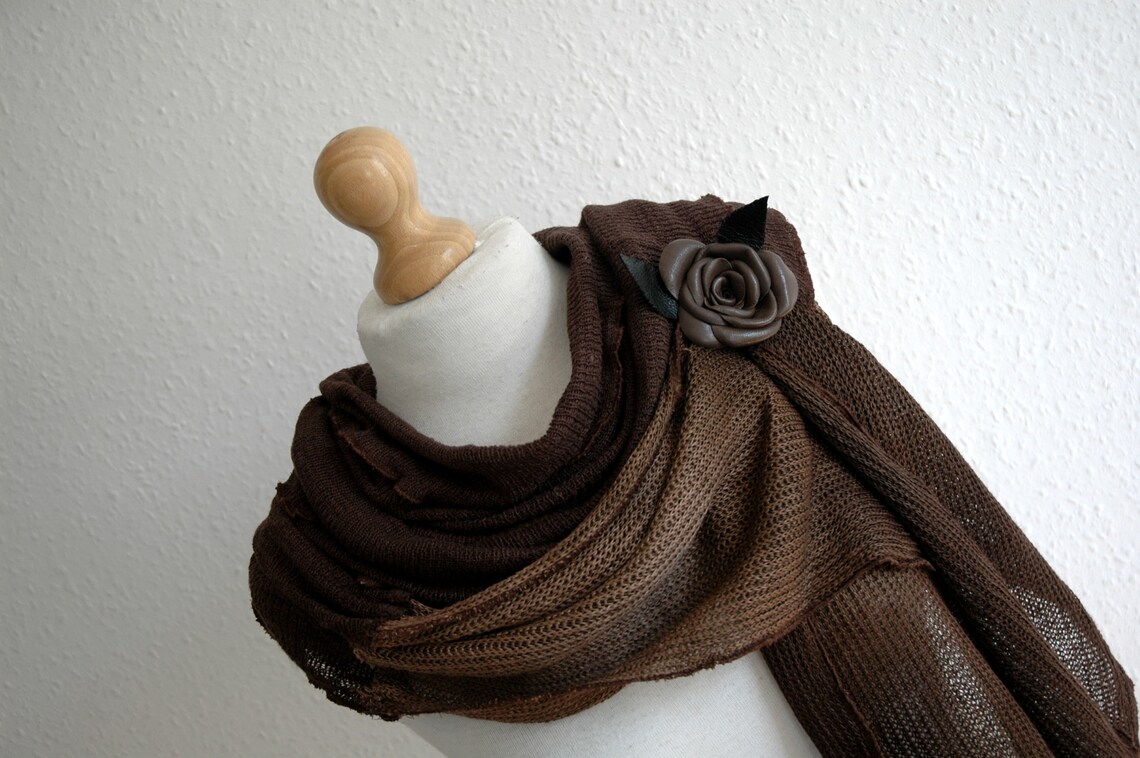 Handmade Brown Linen Scarf With Leather Brooch: Bohemian Wrap - Etsy