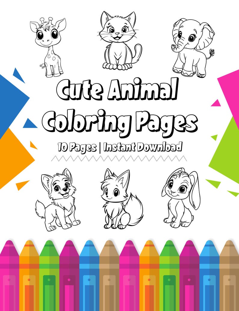 10 Cute Animal Coloring Pages for Kids – Printable PDF Pack – Cat, Dog ...