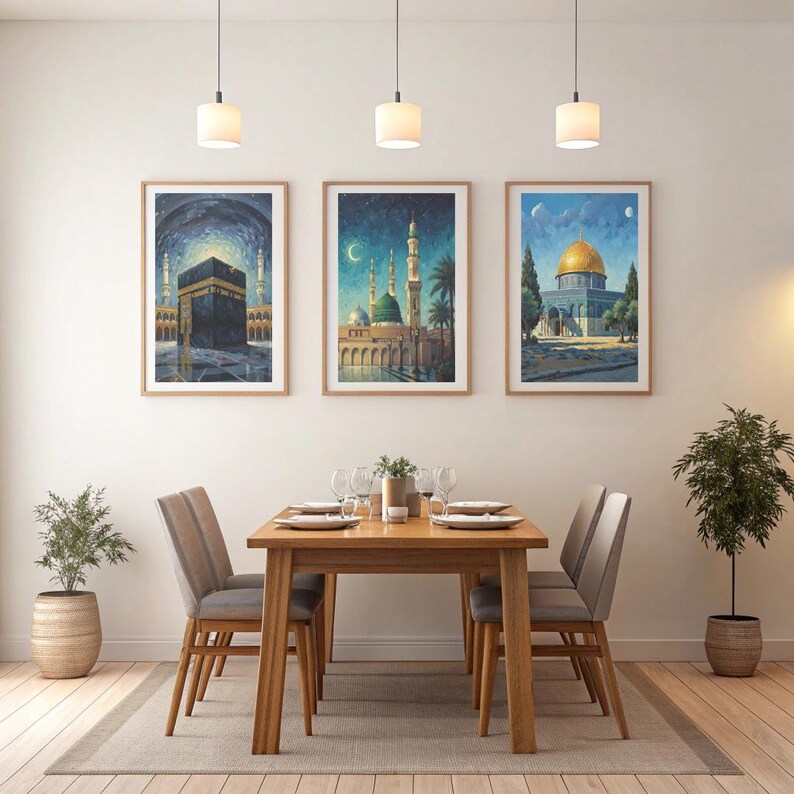 Islamic Expressionist Wall Art Set of 3 | Kaaba, Al-aqsa and Masjid An ...