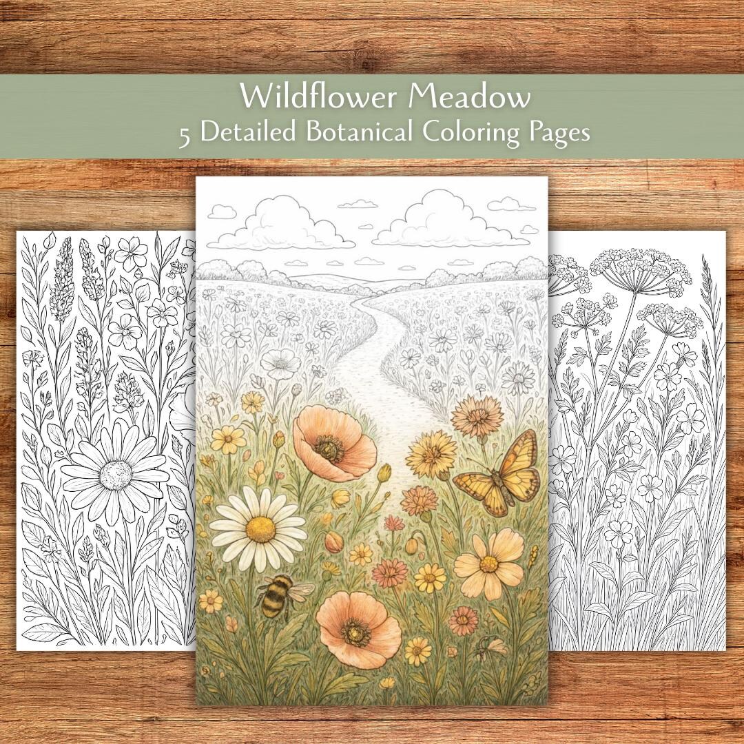 Wildflower Meadow Coloring Pages for Adults (5 Pages) – Botanical ...
