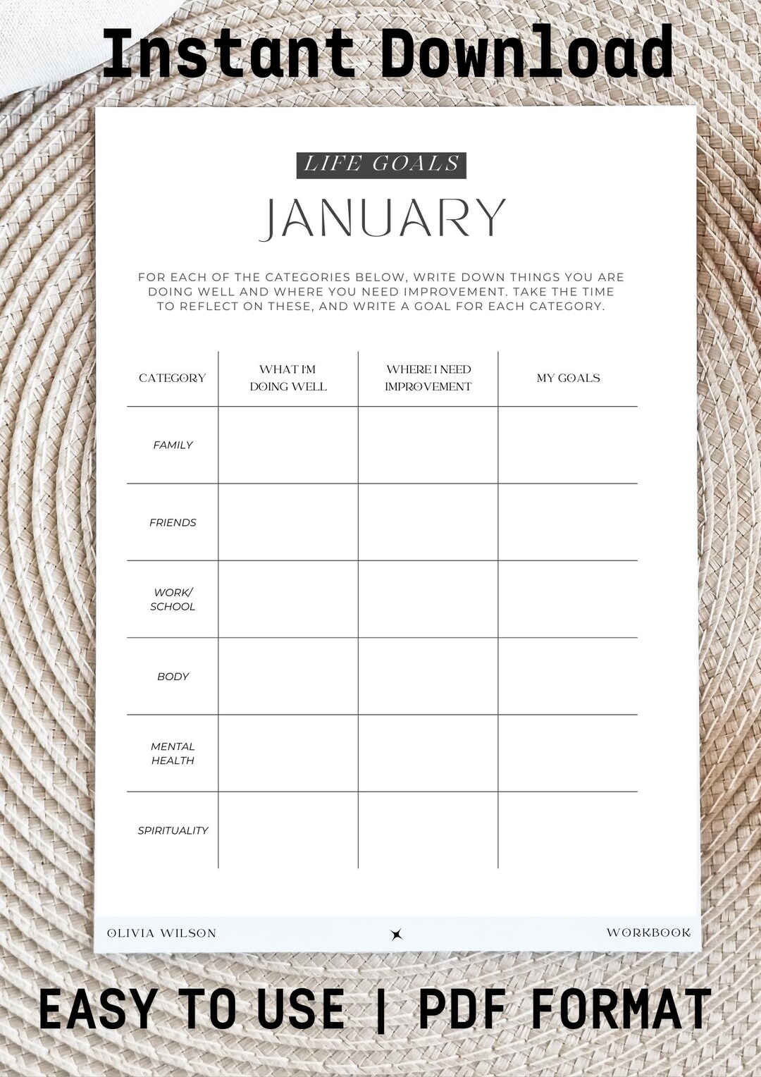 Printable Life Goals Planner: Monthly Self-improvement Workbook (PDF ...