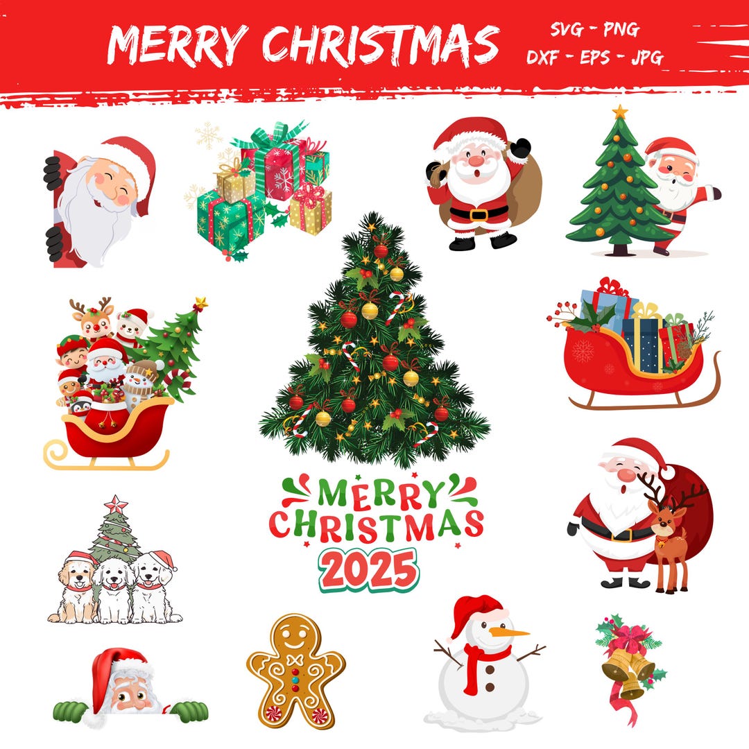Merry Christmas SVG Bundle: Santa, Snowman, Xmas Tree Clipart (instant ...