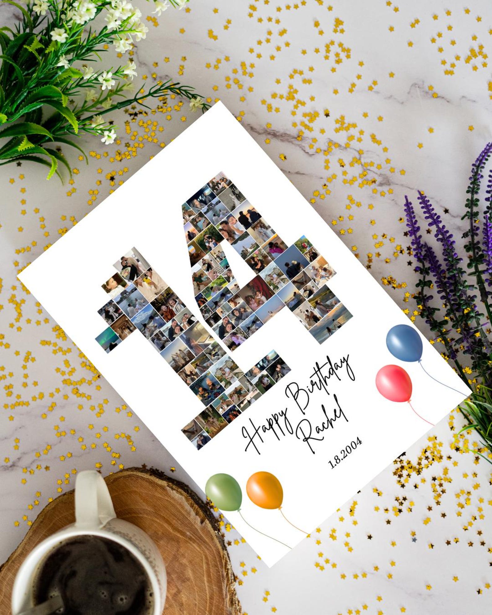 Custom 14th Birthday Photo Collage and Card - Printable Birthday Gift ...