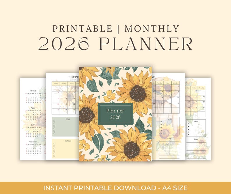 Sunflower Monthly Planner 2026: Printable Calendar (instant Download ...