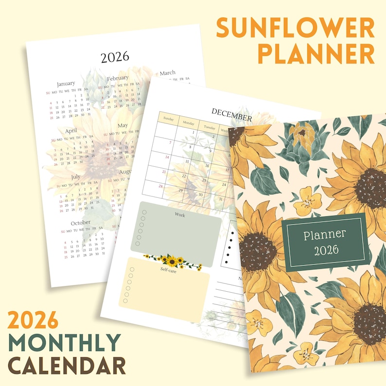 Sunflower Monthly Planner 2026: Printable Calendar (instant Download ...