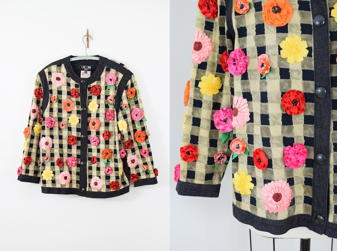 Vintage 1980s Gene Ewing Flower-topped Denim Jacket | L | 80s Floral ...