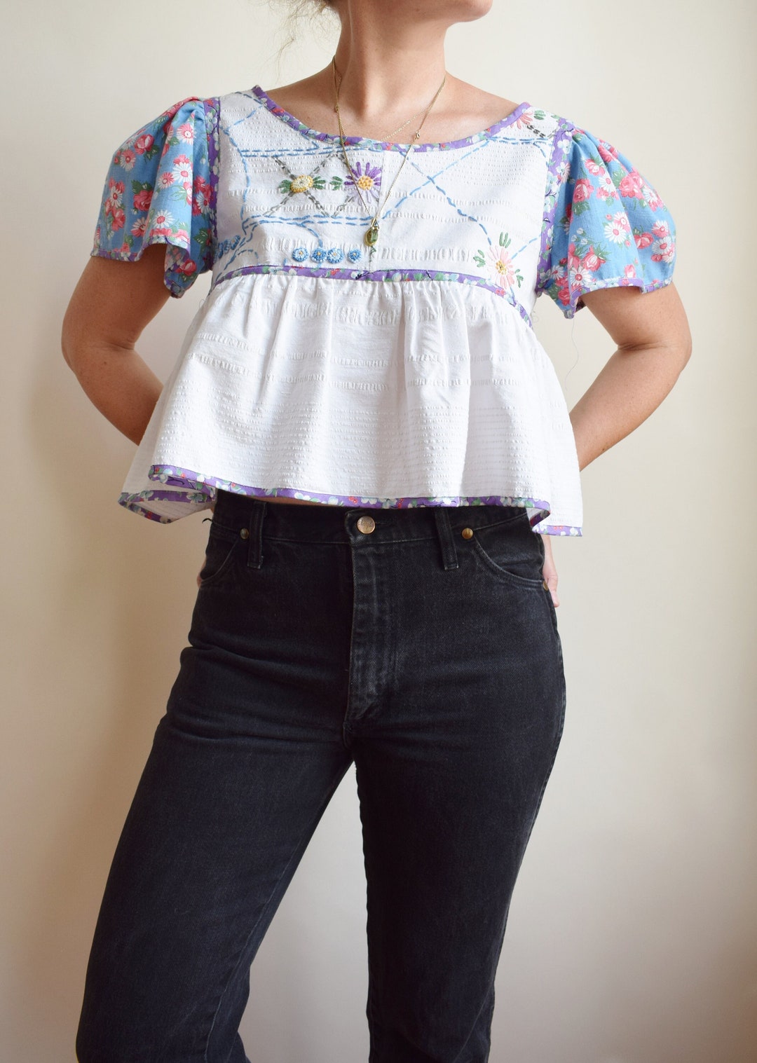 Vintage Upcycled Mixed Print Ruffle Top | Uniquely Sewn From Vintage ...