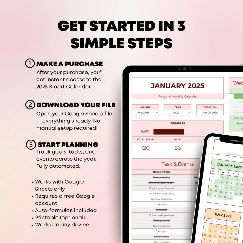 Yearly Calendar Spreadsheet Google Sheets, Digital Planner Template ...