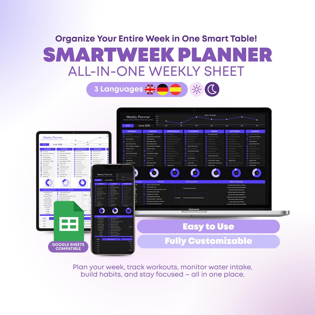 All in One Weekly Planner Google Sheets, Multilingual Habit Tracker ...