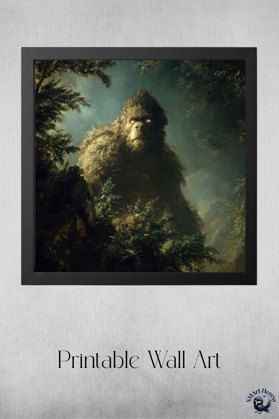 Bigfoot Art Print, Dark Cryptid Wall Art, Sasquatch Forest Illustration ...