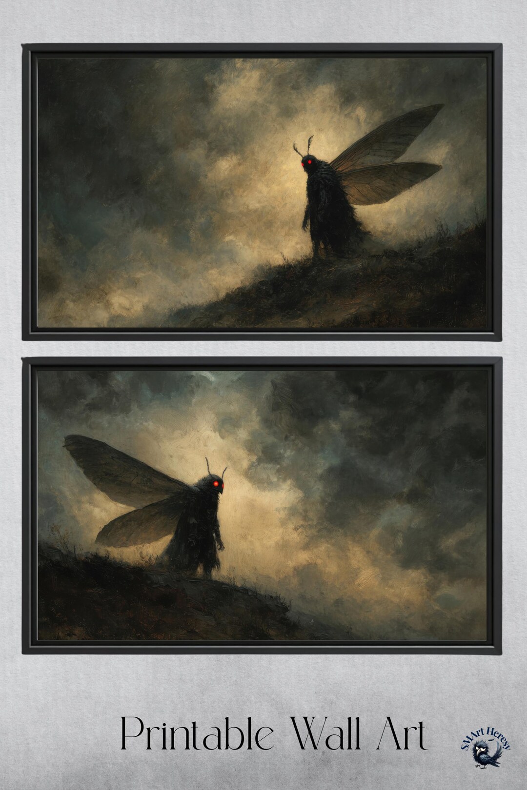 Mothman Wall Art Set – Mirrored Cryptid Print, Gothic Folklore Digital ...