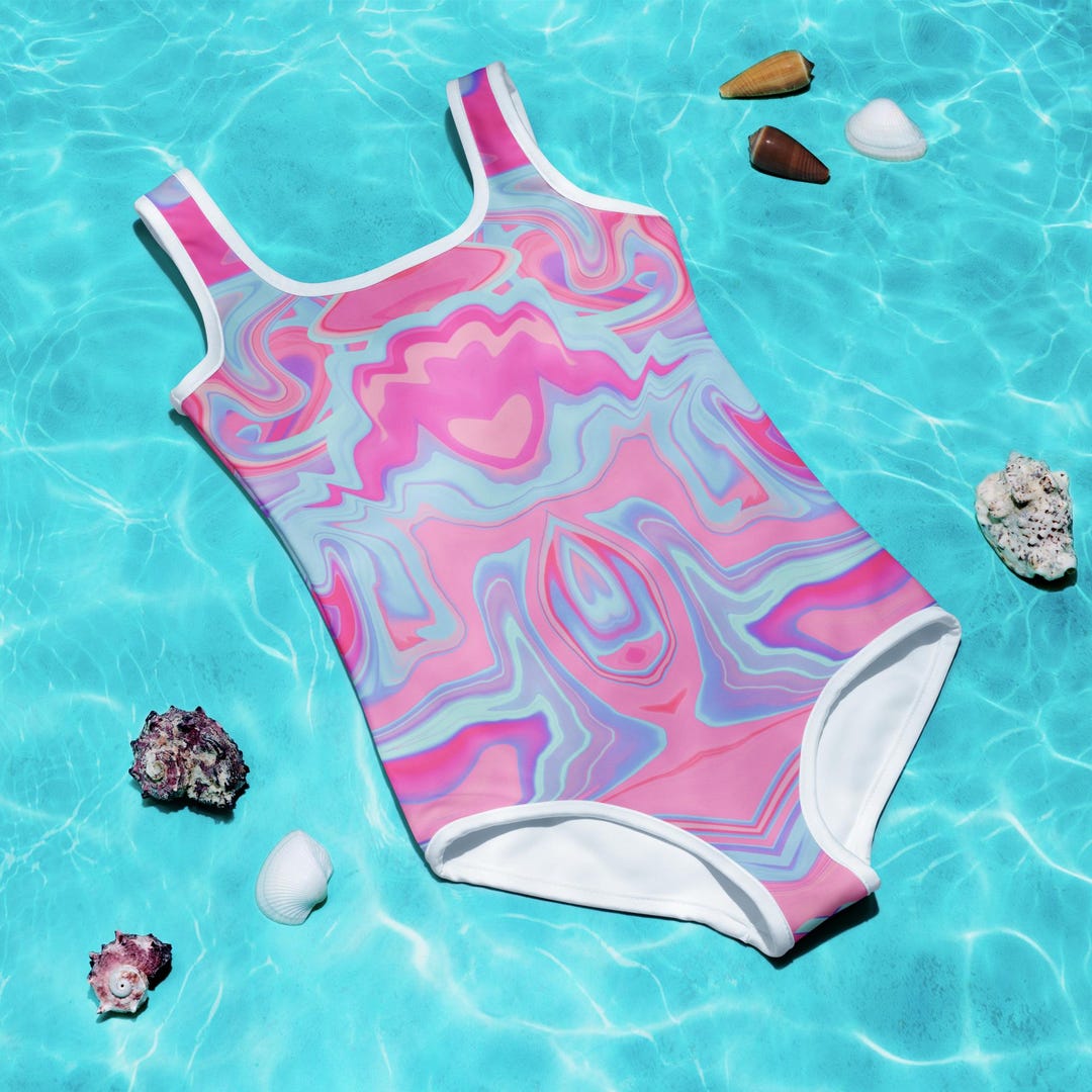 Girls Marble Swim Suit – Pink & Sky Blue One‑piece Bathing Suit for ...