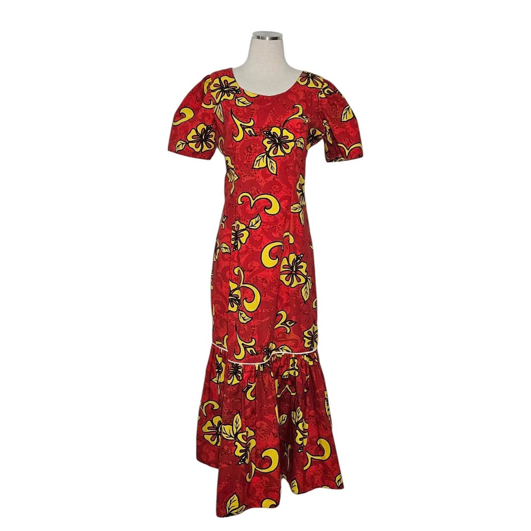 1980s Red and Yellow Handmade Mermaid Cut Hula Dance Dress B-38”W-34” H ...