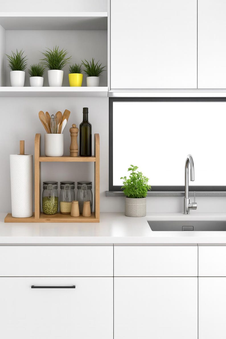 Wooden Kitchen Organizer Shelf: Rustic Spice Rack & Paper Towel Holder ...