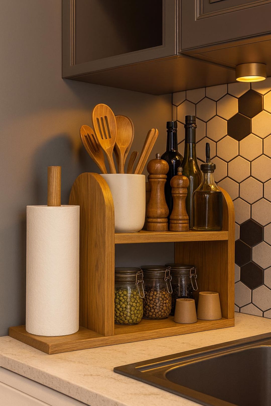Wooden Kitchen Organizer Shelf: Rustic Spice Rack & Paper Towel Holder ...