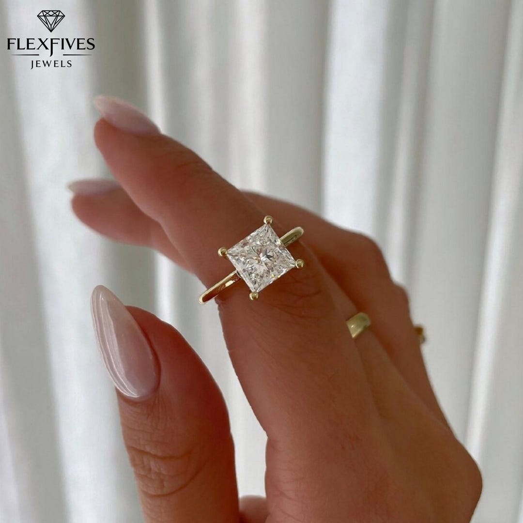 Princess Cut Hidden Halo Moissanite Engagement Ring, Wedding Ring for ...
