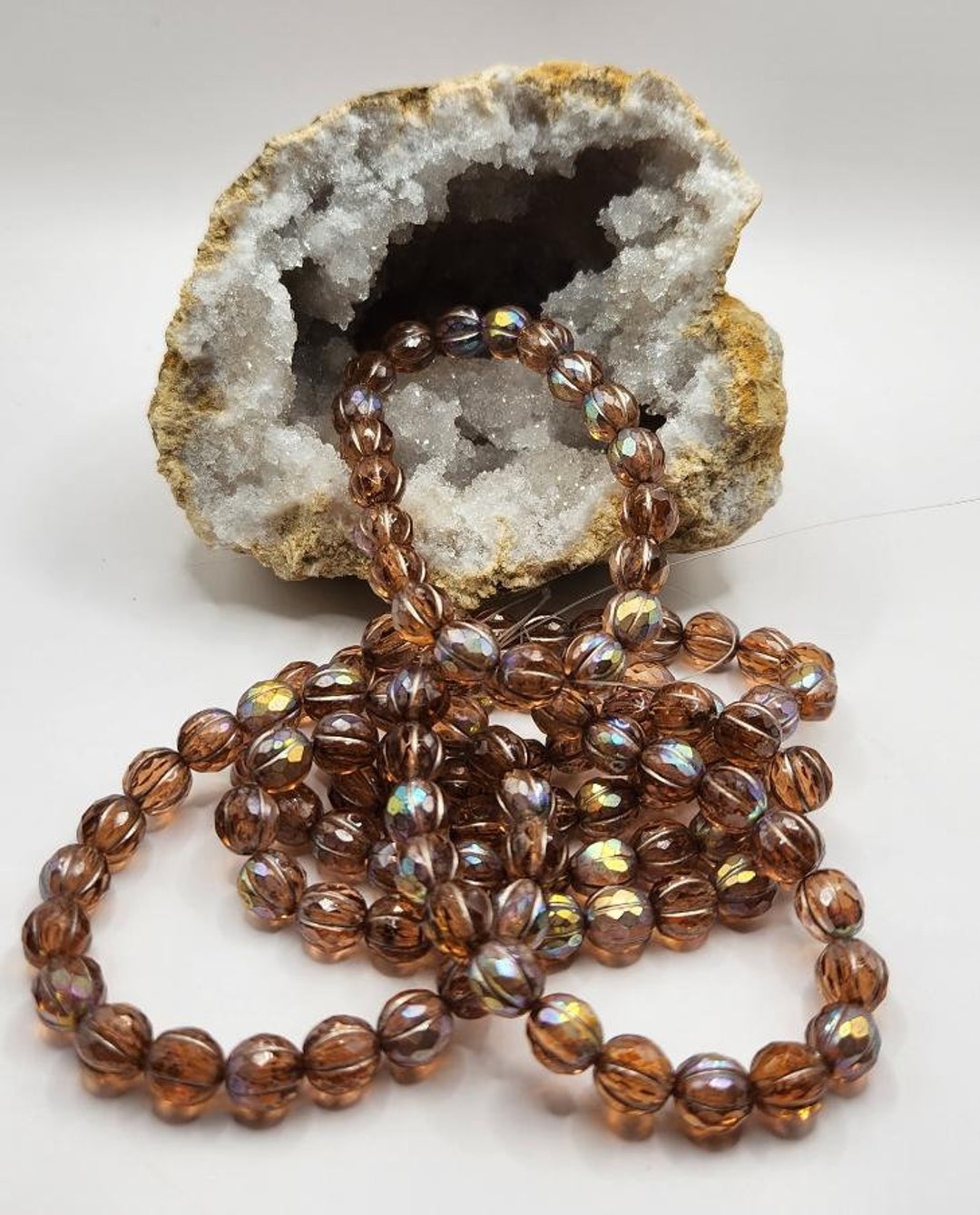 8mm Faceted Melon Peach With AB Finish and Metallic Beige Wash - Etsy